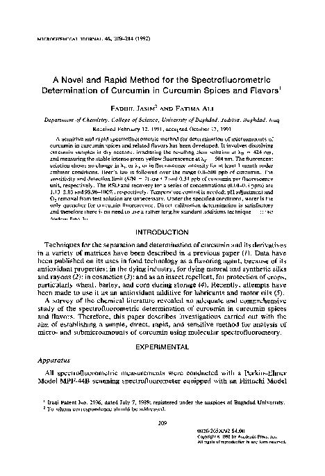 Pdf A Novel And Rapid Method For The Spectrofluorometric Determination Of Curcumin In Curcumin