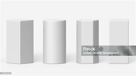 흰색 3d 렌더링 기둥 연단 실린더 정사각형 및 육각형 기둥 플랫폼 세트 박물관의 빈 전시 무대 제품 프레젠테이션을 의미합니다