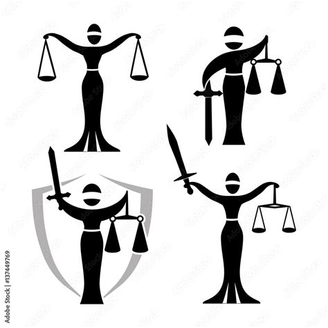 Lady Justice Black Set Vector Illustration Of Themis Statue Holding