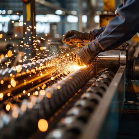 Premium Photo Industrial Worker In Protective Gloves Cutting Metal Pipe With Handheld Grinder