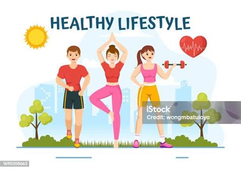 유기농 채소 또는 과일 스포츠 및 운동이 있는 건강한 라이프스타일 벡터 일러스트레이션은 평면 만화 손으로 그린 배경 디자인