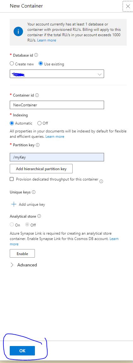 Azure Unable To Create New Container In Cosmos Db Stack Overflow