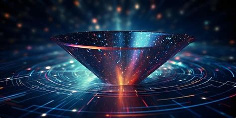 Abstract Data Funnel With Magnifying Glass On Dark Blue Background Concept Data Visualization