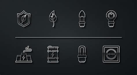 잎 발전소 공장 공장 전구 번개 Led 바이오 연료 배럴 잎 잎 전기 콘센트 및 아이콘으로 라인 방패를 설정하십시오 벡터 0명에 대한 스톡 벡터 아트 및 기타 이미지