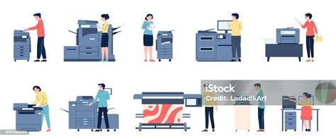 인쇄소 직원 거짓말 탐지 도구를 사용하는 사람들 인쇄 색상 선택 팩스 수행 타이포그래피 장비 최근 벡터 평면 장면 인쇄공에 대한 스톡 벡터 아트 및 기타 이미지 Istock