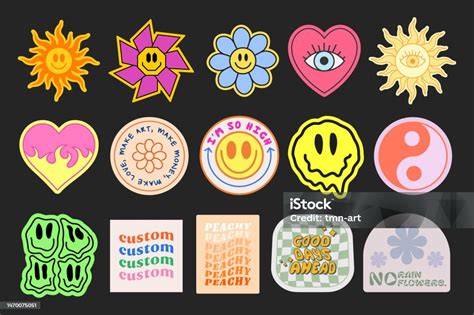 멋진 미소 Y2k 스티커 세트 벡터 디자인 트렌디한 팝 아트 캐릭터 패치 그루비 배지 레트로 이모티콘 산성에 대한 스톡 벡터 아트 및 기타 이미지 Istock