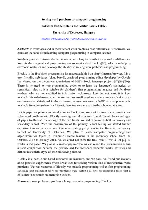 Pdf Solving Word Problems By Computer Programming