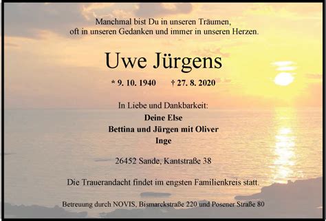 Traueranzeigen Von Uwe Jürgens Nordwest Trauer De