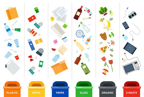 다양한 유형의 폐기물을 처리하기 위해 용기에 쓰레기를 분류합니다 벡터 플랫 일러스트레이션 오염에 대한 스톡 벡터 아트 및 기타 이미지 Istock