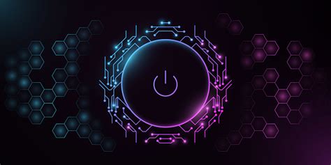 육각형의 패턴이있는 배경에 컴퓨터 회로 기판이있는 미래 지향적 인 전원 버튼 Hud 인터페이스 요소 Ui 개념입니다 사이버 네온 스위치 벡터 일러스트레이션 0명에 대한 스톡