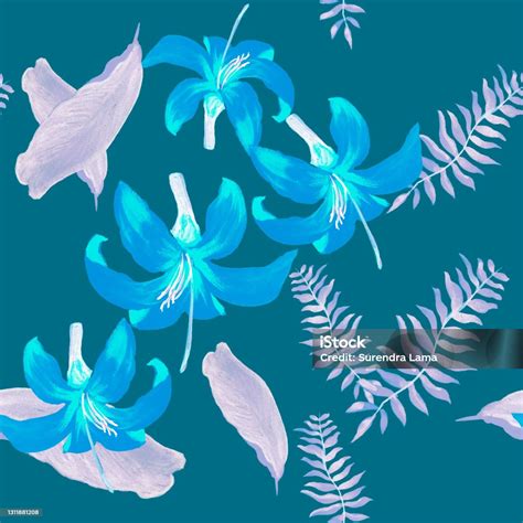 코발트 열대 팜 네이비 원활한 이국적인 파란색 패턴 페인팅 인디고 플로럴 텍스처 Azure 꽃 페인팅 라벤더 장식 질감 드로잉