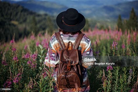 방랑벽 배낭과 모자를 들고 야생화에 서서 산을 바라보는 여성 여행자 서 있기에 대한 스톡 사진 및 기타 이미지 서 있기 풍경 화창한 Istock
