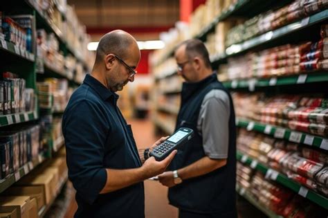 Premium AI Image A Man Looking At A Tablet In A Store Scanning QR Code On Products