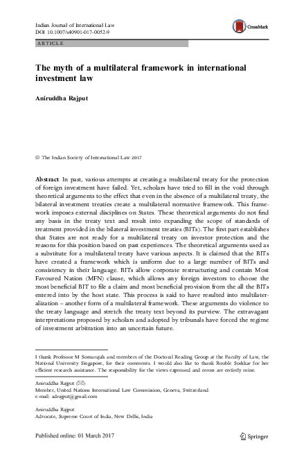 Pdf The Myth Of A Multilateral Framework In International Investment Law