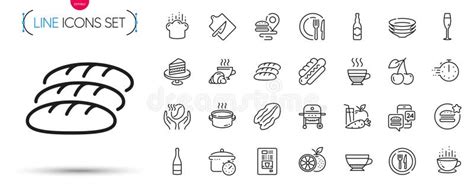 Pack Of Dry Cappuccino Boiling Pan And Food Delivery Line Icons Pictogram Icon Vector Stock