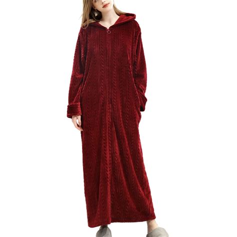 Previn Womens Flannel House Coat Long Sleeve Fuzzy Robes Hoodie Zipper