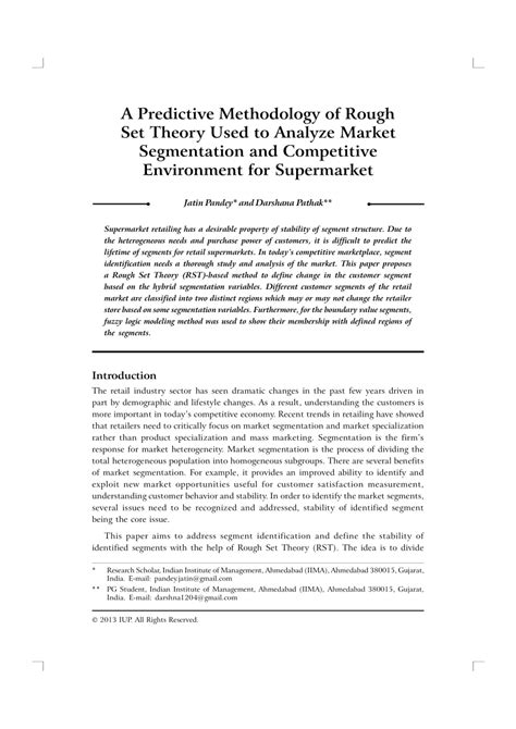 Pdf A Predictive Methodology Of Rough Set Theory Used To Analyze Market Segmentation And