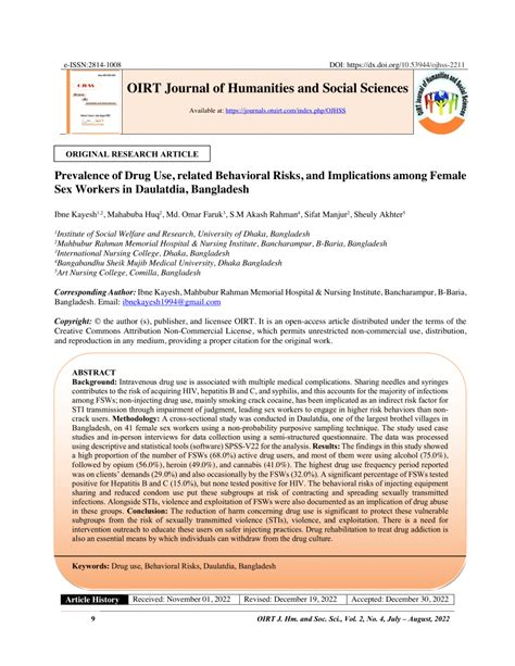 PDF Prevalence Of Drug Use Related Behavioral Risks And Implications Among Female Sex