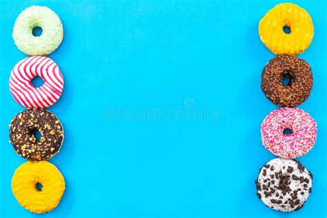 Colorful Donuts Border Background Top View Flat Lay Stock Image