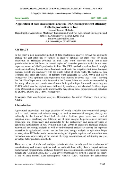 Pdf Application Of Data Envelopment Analysis Dea To Improve Cost Efficiency Of Alfalfa