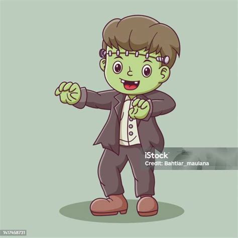 귀여운 좀비 프랑켄슈타인 만화 프랑켄슈타인 마스코트 만화 캐릭터 할로윈 아이콘 컨셉 화이트 절연 웹 방문 페이지 배너 전단지 스티커 카드에 적합한 플랫 만화 스타일 사람