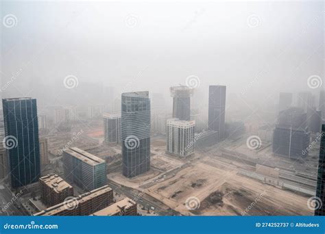 City Skyline Shrouded In Smog With Buildings And Landmarks Barely