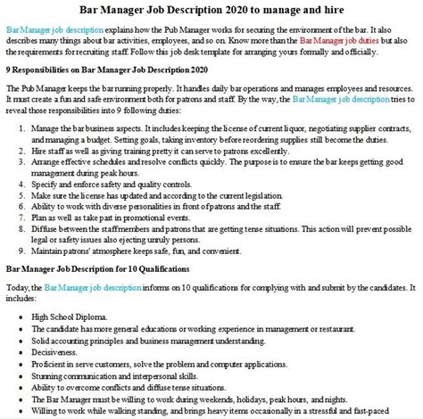Bar Manager Job Description 2020 To Manage And Hire Job Description