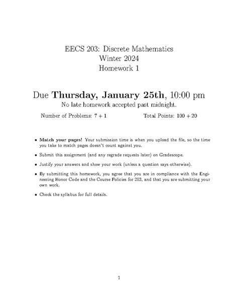 Homework 1 Eecs 203 Discrete Mathematics Winter 2024 Homework 1 Due Thursday January 25th