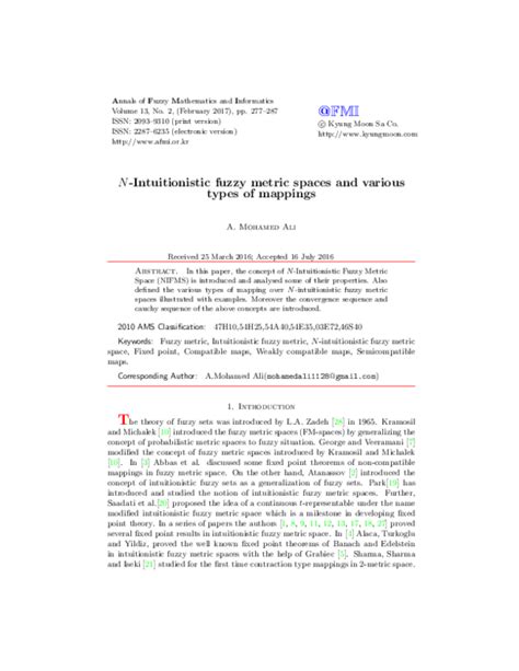 Pdf N Intuitionistic Fuzzy Metric Spaces And Various Types Of Mappings