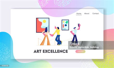 전시회 방문자 현대 미술 갤러리에서 현대적인 추상적 인 그림을 볼 박물관에서 작품 또는 전시회를 관람 하는 사람들 웹사이트 방문 페이지 웹 페이지 만화 평면 벡터 일러스트