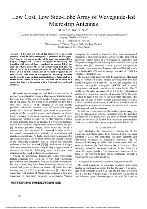 Pdf Low Cost Low Side Lobe Array Of Waveguide Fed Microstrip Antennas