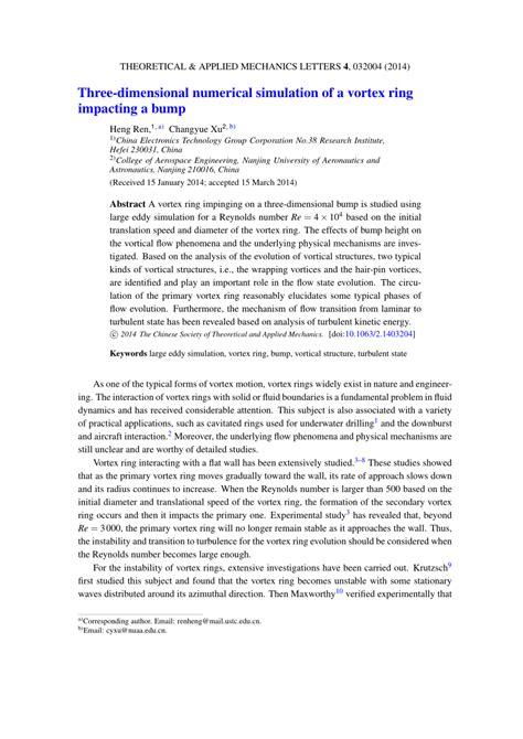 Pdf Three Dimensional Numerical Simulation Of A Vortex Ring Impacting A Bump