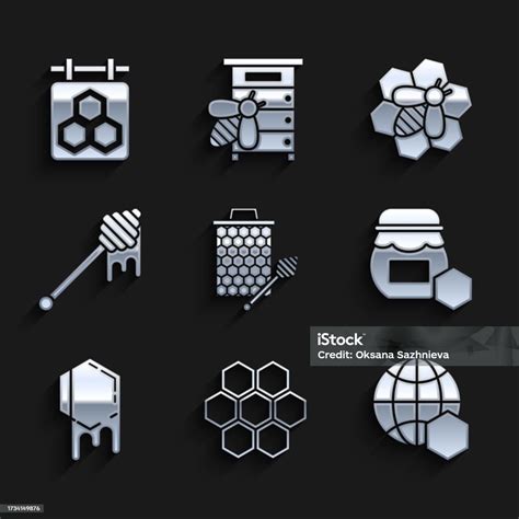 벌집 설정 Honey Dipper Stickicon 세계지도 항아리 물방울 꿀벌과 벌집 매달린 기호 아이콘 벡터 0명에 대한 스톡 벡터 아트 및 기타 이미지 Istock