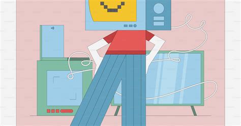 웃는 얼굴이 그려진 컴퓨터 모니터 앞에 서 있는 남자 벡터 Unsplash의 기술 이미지