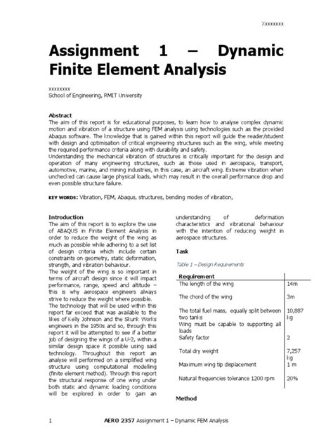 Assignment 1 Dynamic Finite Element Analysis Key Words Pdf