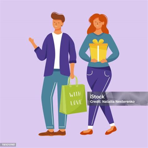 커플 가는 생일 플랫 벡터 일러스트 즐거운 전신 사람들이 파티에 걸어 해피 백인 남자와 여자 들고 기념일 선물 보라색 배경에 고립 된 만화 캐릭터 가공의 인물에 대한 스톡