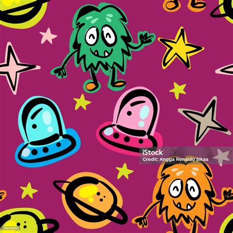 손으로 그린 재미 괴물 Ufo 토성 행성 및 별 복고풍 드로잉 스타일 완벽 한 패턴 1960 1969 년에 대한 스톡 벡터 아트
