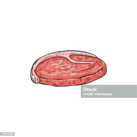 돼지 고기 또는 쇠고기 고기 조각 아이콘 만화 벡터 스케치 일러스트 레이션 격리 가축에 대한 스톡 벡터 아트 및 기타 이미지