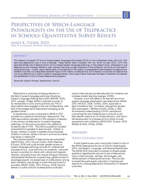 Perspectives Of Speech Language Pathologists On The Use Of Telepractice In Schools Quantitative