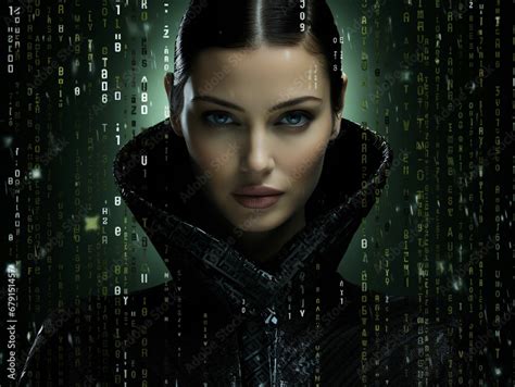 Ai Generated Illustration Of A Female In Front Of A Green Binary Code