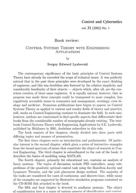 Pdf Book Review ‘control Systems Theory With Engineering Applications By S E Lyshevski