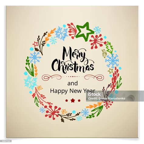 새 해 복 많이 인사말 카드 고 메리 크리스마스입니다 장식 새 해의 화 환입니다 레터링 메리 크리스마스와 새 해 복 많이 받으세요 12월에 대한 스톡 벡터 아트 및 기타