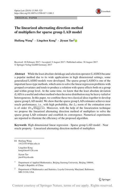The Linearized Alternating Direction Method Of Multipliers For Sparse Group Lad Model Request Pdf