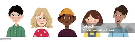 어린이 아바타 세트입니다 다른 인종의 어린 소년 소녀의 웃는 얼굴 만화 캐릭터 고등학교 이하에 대한 스톡 벡터 아트 및 기타 이미지 고등학교 이하 교습 교육 Istock