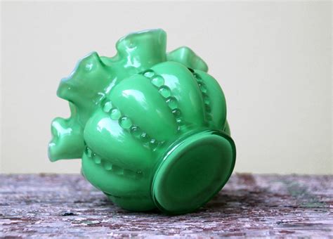 Vintage Fenton Green Milk Glass Vase With Ruffled Edge And