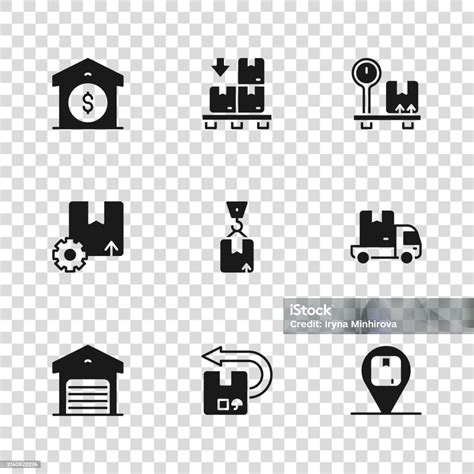 반환 판지 상자 배달화물 트럭 위치 크레인 규모 창고 가격 골판지 상자 팔레트 및 기어 패키지 아이콘을 설정합니다 벡터 가격에 대한 스톡 벡터 아트 및 기타 이미지 Istock