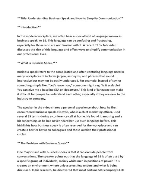 Understanding Business Speak And How To Simplify Communication Pdf