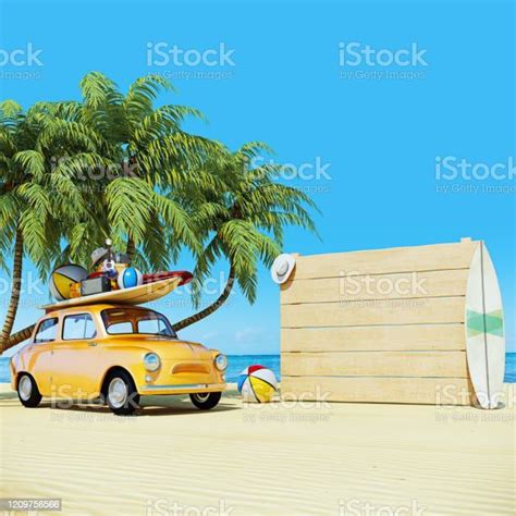 수하물 및 해변 장비가있는 작은 복고풍 자동차 오른쪽에빈 흰색 나무 판 여름 휴가를위한 준비 3d 렌더링 3d 그림 차에 대한 스톡 사진 및 기타 이미지 Istock