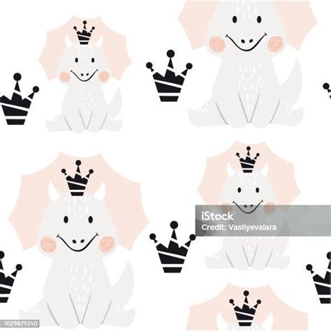 아기 공룡 여자 완벽 한 패턴입니다 왕관과 함께 달콤한 디노 공주입니다 스 칸디 나 비아 귀여운 인쇄 0명에 대한 스톡 벡터 아트 및 기타 이미지 Istock