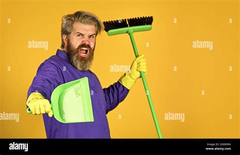 Tired Housekeeper Cleaning Service People Mature Male Worker With